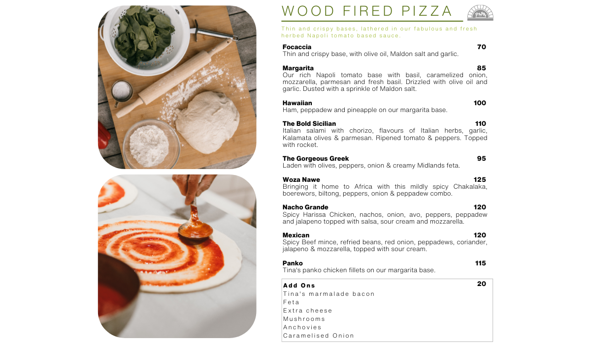 wood fired pizza - Tina's